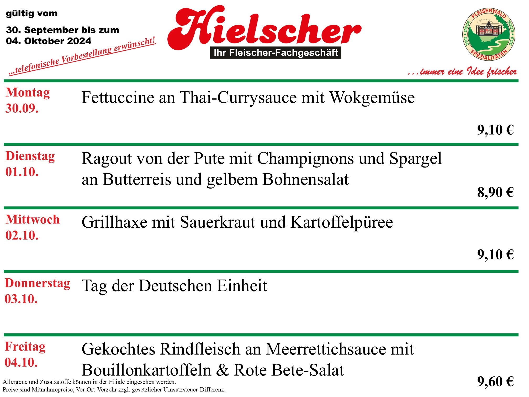Hielscher Menüplan - Hielscher | Fleischerfachgeschäft